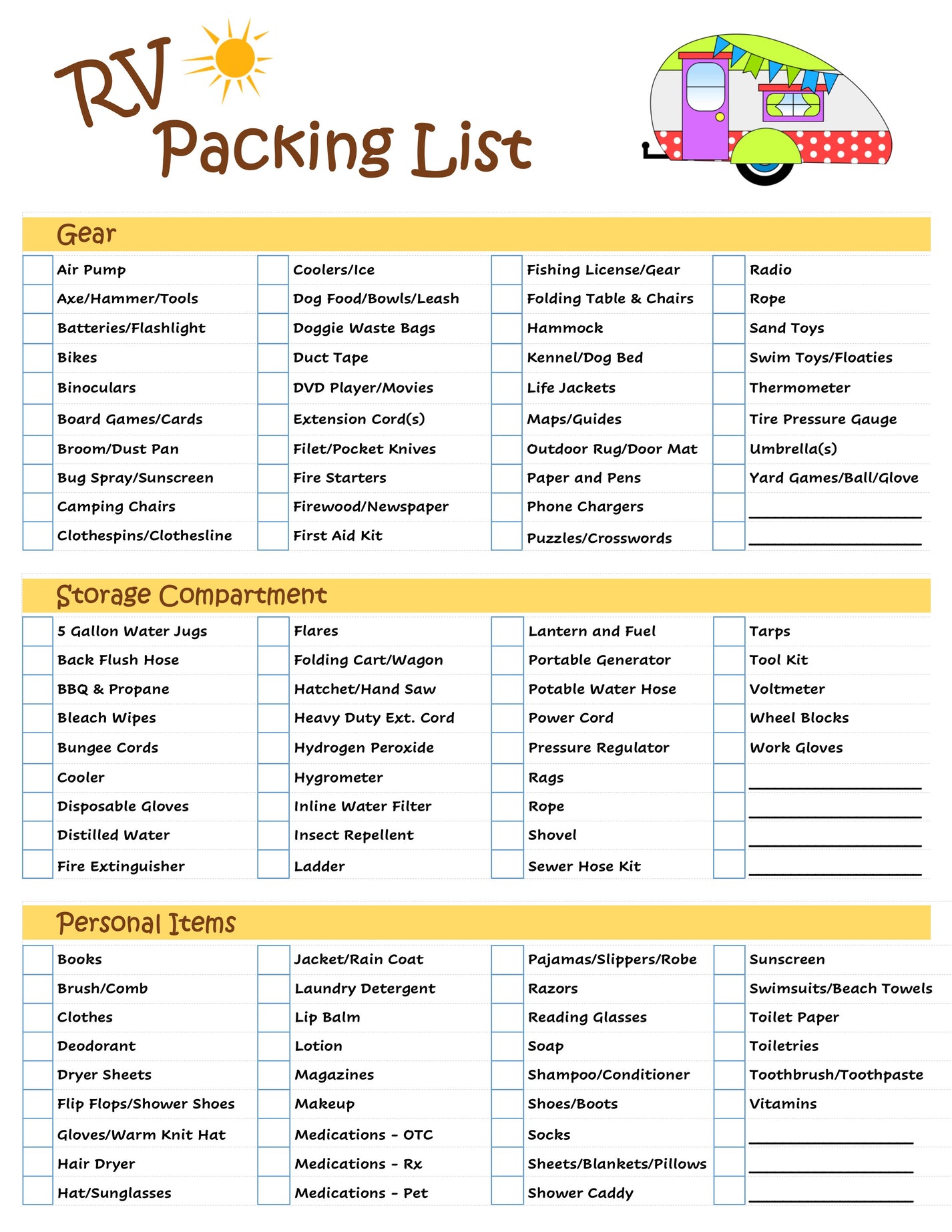 Ultimate RV Checklist - Packing List – Reusable Tournament Brackets ...